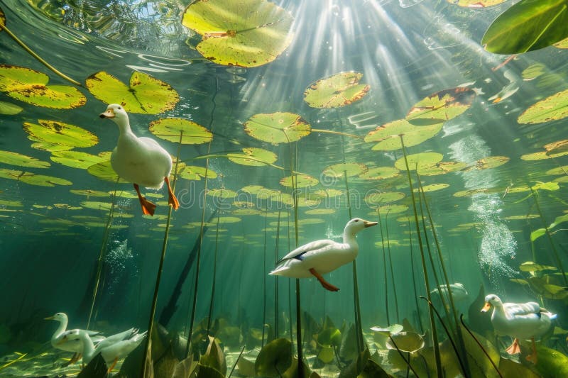 Ducks Swimming Underwater among Sunlit Lily Pads in a Tranquil Pond. AI ...