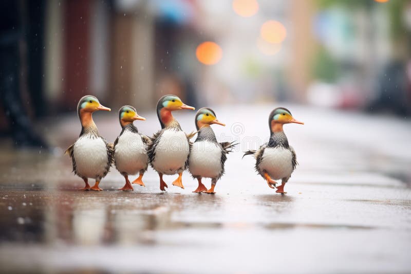 Ducks Waddling in a Line during a Gentle Rain Stock Image - Image of ...