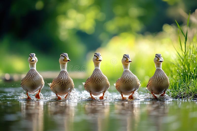 Ducks Walking in a Row stock illustration. Illustration of splash ...