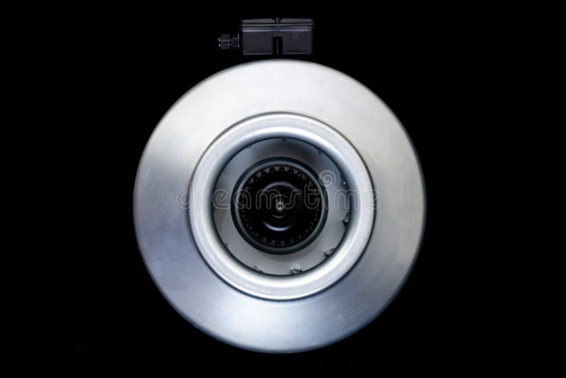 Duct Round Electric Fan Close-up on a Black Isolated Background Stock ...