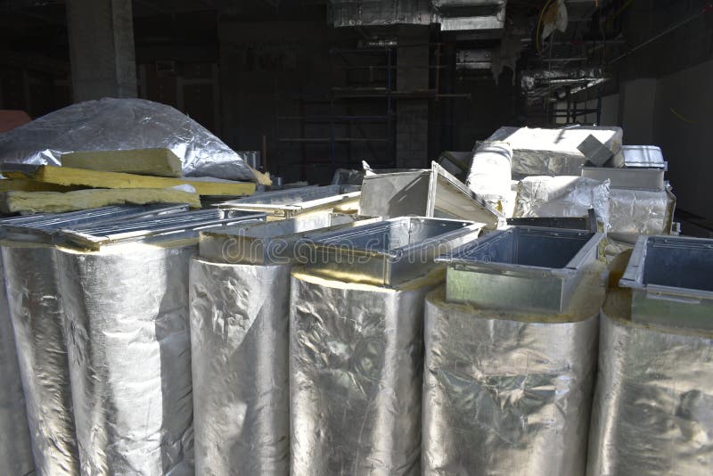 Ducting Work. Duct Insulation. HVAC System in the Construction Site ...