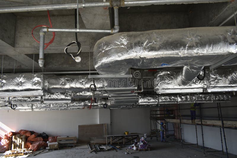 MEP Works in Civil Construction Site. Aluminum Fabricated Air Flow Duct ...