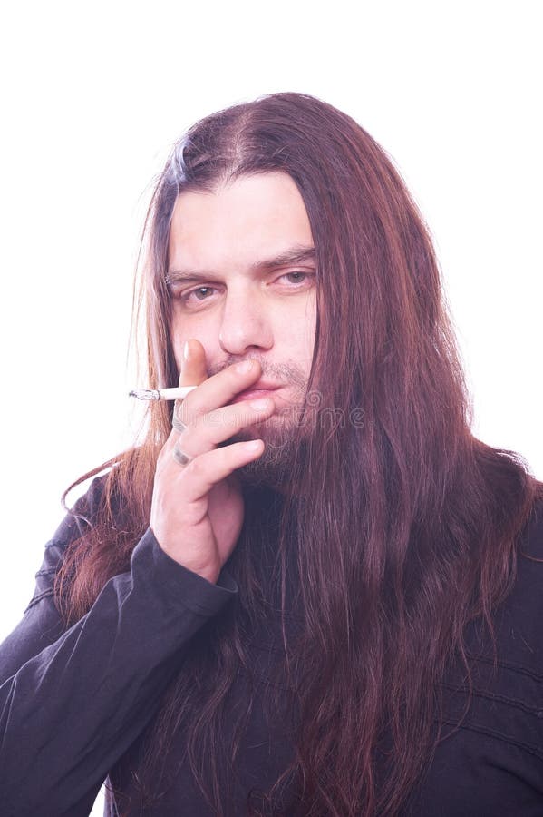Dude with Flowing Hair Smoking Stock Photo - Image of portrait, hold ...