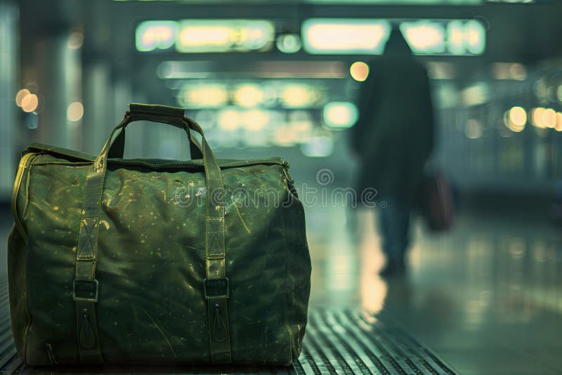 Duffel Bag on Bench in Train Station with Blurred Commuter Background ...