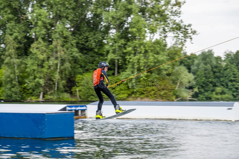 Duisburg , Germany - July 18 2018 : Boy Having Fun with Waterski on the ...