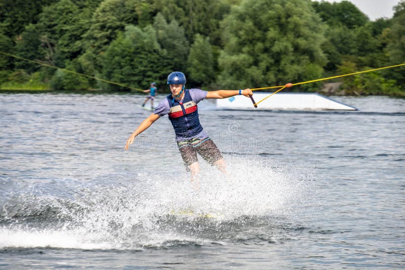 Duisburg , Germany - July 18 2018 : Boy Having Fun with Waterski on the ...