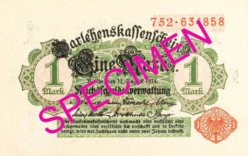1 Duitse Mark Bank Note 1914 Obverse Stock Afbeelding - Image of ...