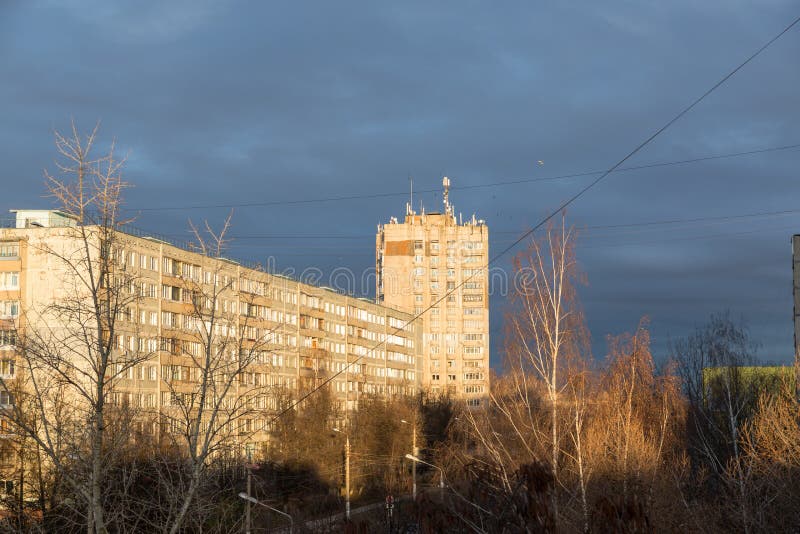 The Dull Autumn City Landscape is a Multi-storey Building in the Rays ...
