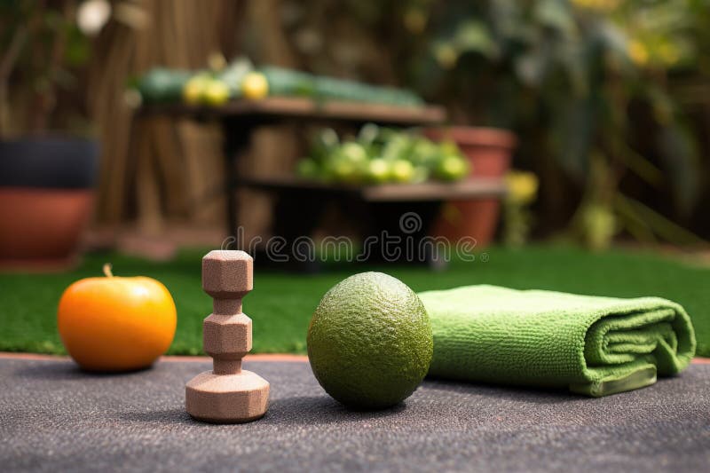 Dumbbell and Avocado on a Yoga Mat Outdoor Stock Image - Image of ...