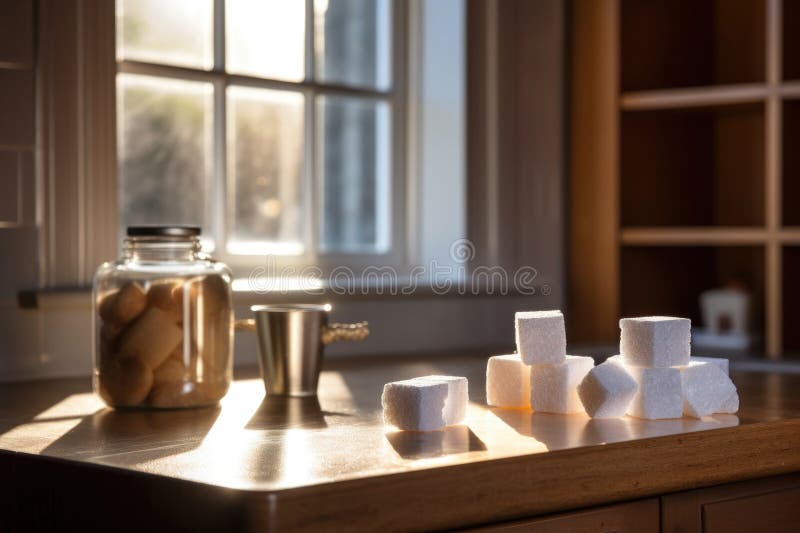 A Dumbbell and Sugar Cubes in a Kitchen Setting, Lit by Natural Light ...