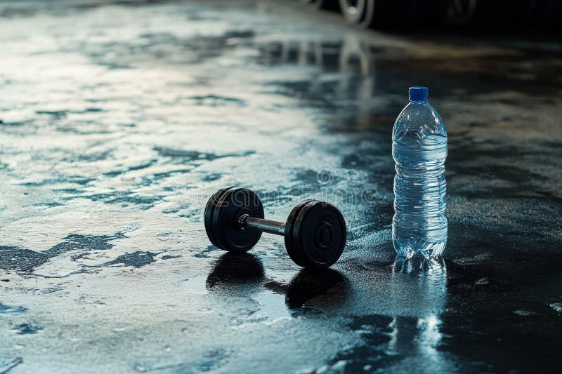 Dumbbell and Water Bottle on Concrete Gym Floor for Strength Training ...