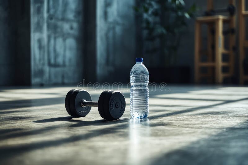 Dumbbell and Water Bottle in a Wet Gym Environment after Training Stock ...