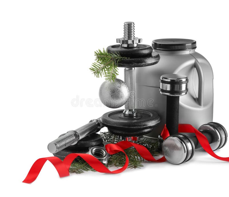 Dumbbells, Container with Supplement and Christmas Decor Isolated on ...