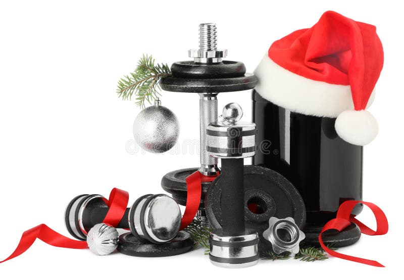 Dumbbells, Container with Supplement and Christmas Decor Isolated on ...
