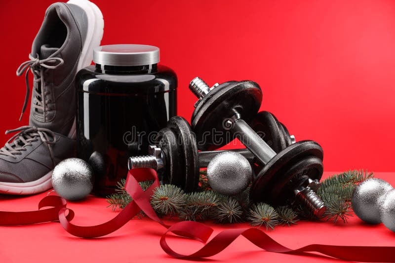 Dumbbells Container Supplement Sneakers Christmas Decor Red Background ...