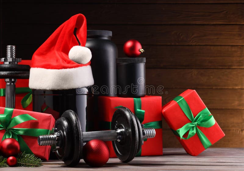 Dumbbells Containers Supplement Christmas Decor Wooden Table Stock ...