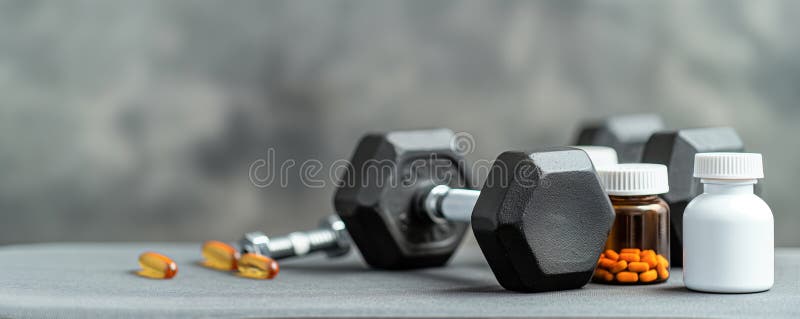 Dumbbells and Organic Vitamin Bottles on a Gym Bench, Strength Training ...