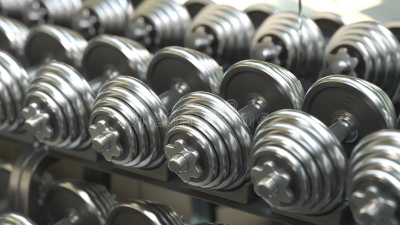 Dumbbells in a Row on a Rack in the Gym and Reflection in the Wall ...