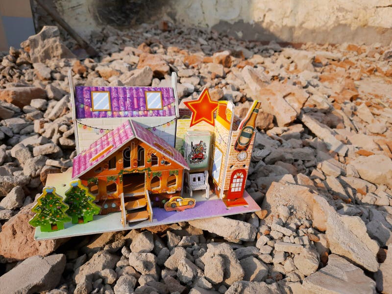 Dummy House on Demolished House Debris Homeless Migrants Concept Stock ...
