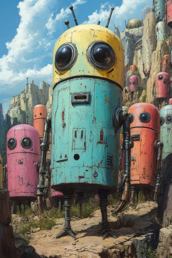 A Dump of Colorful Old Robots on Another Planet. Abandoned Old Robots ...