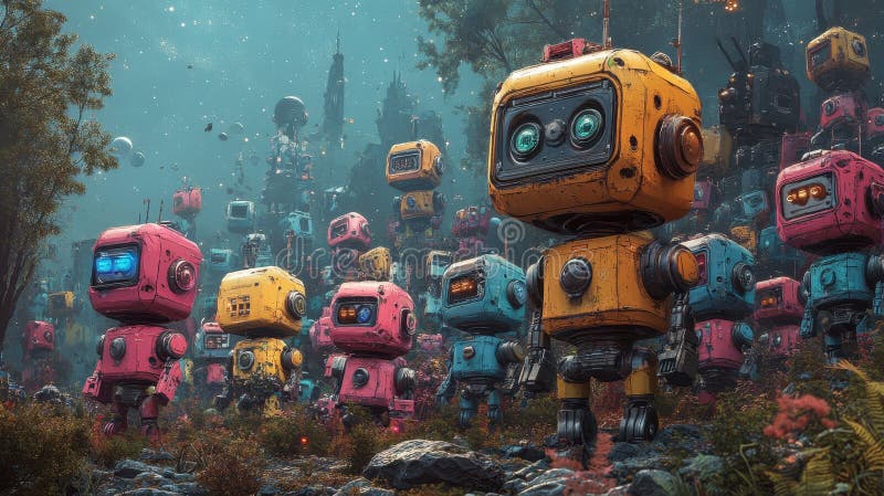A Dump of Colorful Old Robots on Another Planet. Abandoned Old Robots ...