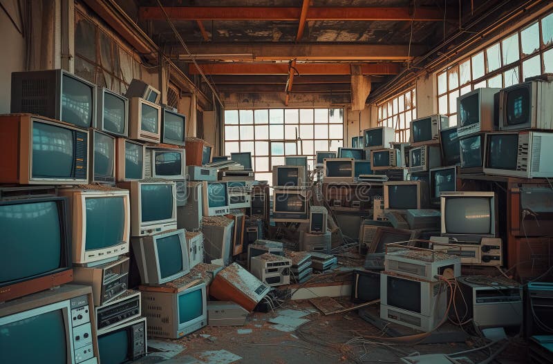 Dump of Old Broken Obsolete Computer with Displays or Tv, Pile of Junk ...