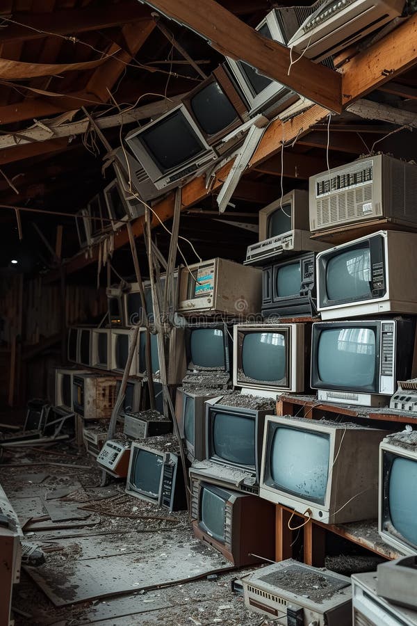 Dump of Old Broken Obsolete Computer with Displays or Tv, Pile of Junk ...