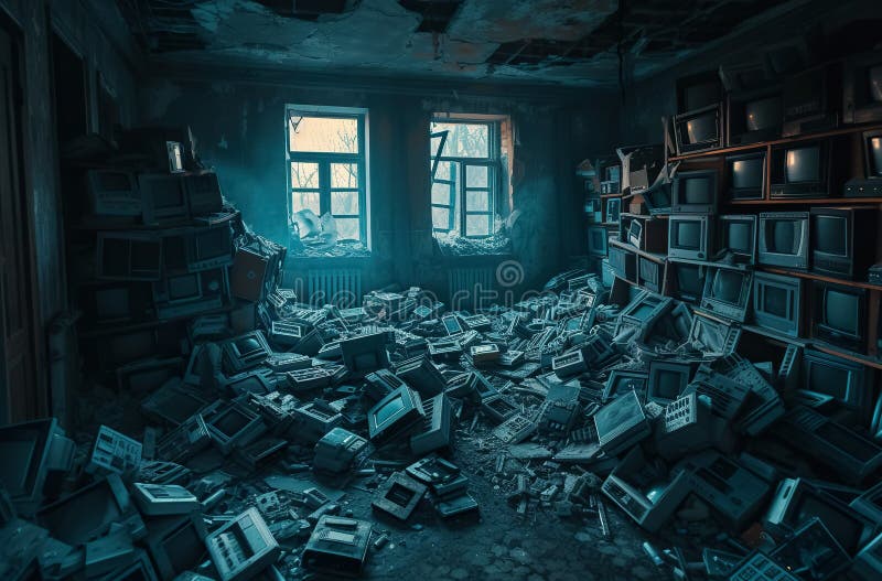 Dump of Old Broken Obsolete Computer with Displays or Tv, Pile of Junk ...