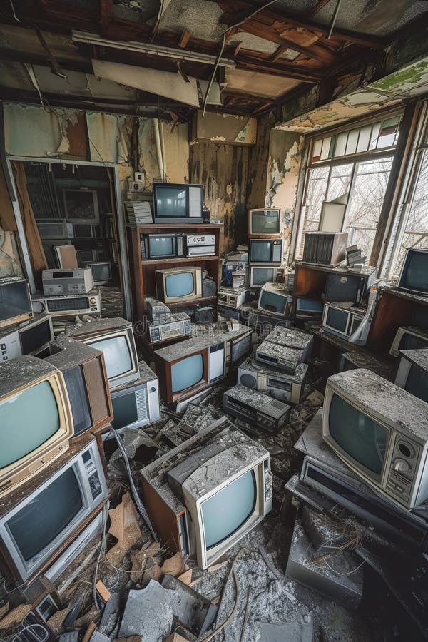 Dump of Old Broken Obsolete Computer with Displays or Tv, Pile of Junk Electronics, Industrial ...