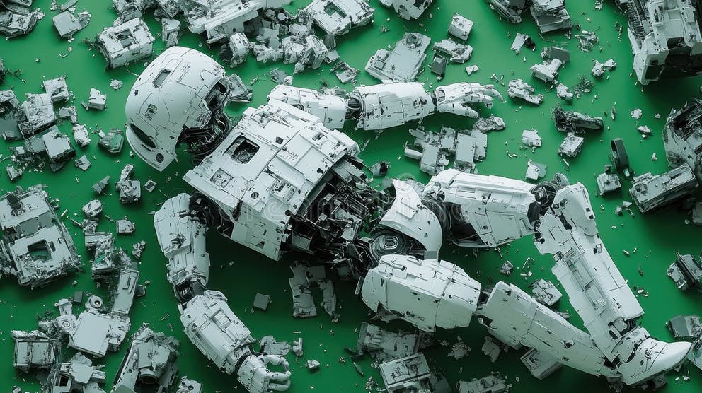 A Dump of Old White Robots on a Green Field . Abandoned Old Robots ...