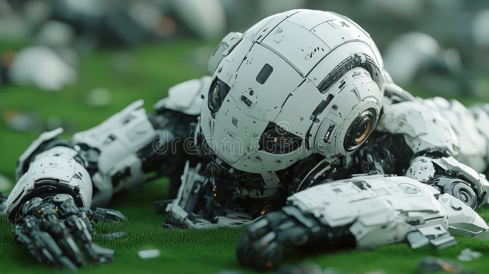 A Dump of Old White Robots on a Green Field . Abandoned Old Robots ...