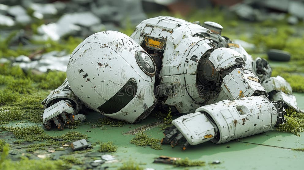 A Dump of Old White Robots on a Green Field . Abandoned Old Robots ...