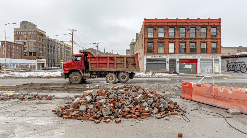 A Dump Truck Laden with Crushed Bricks and Concrete Debris, Set Against ...