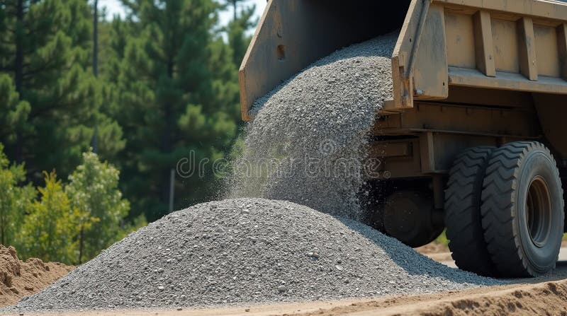 Dump Truck Unloading Gravel at Construction Site in Forest Setting ...