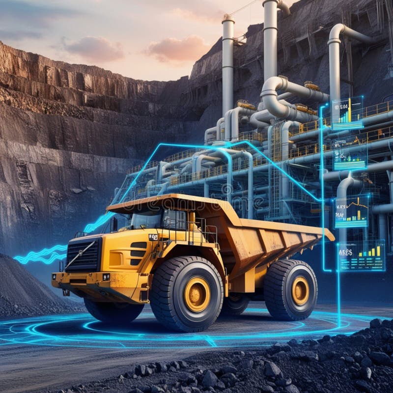 A Dump Truck is Working in a Mine, with a Digital Twin Overlay Showing ...