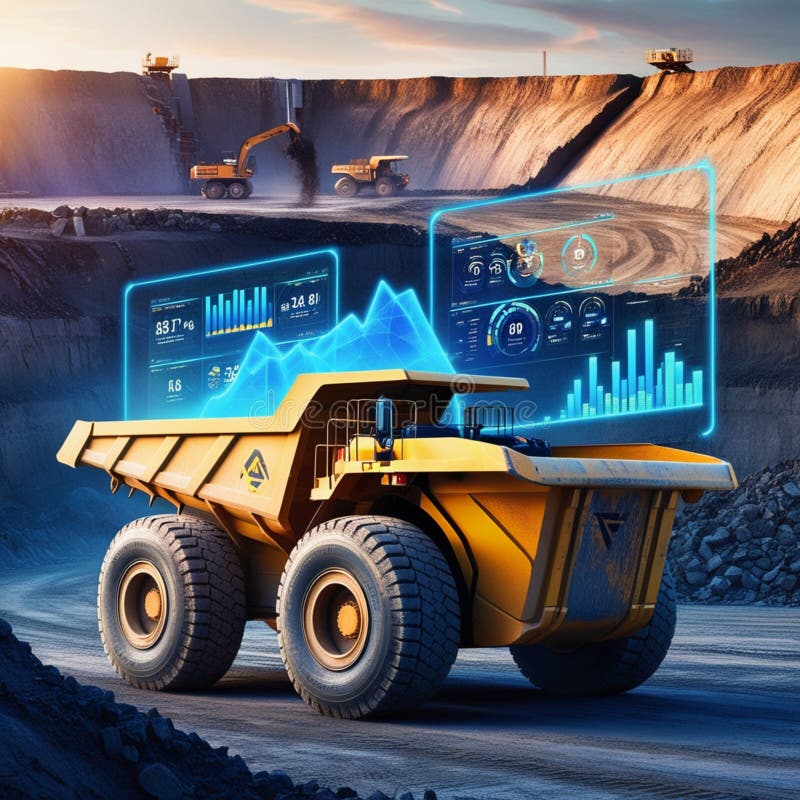 A Dump Truck is Working in a Mine, with a Digital Twin Overlay Showing ...