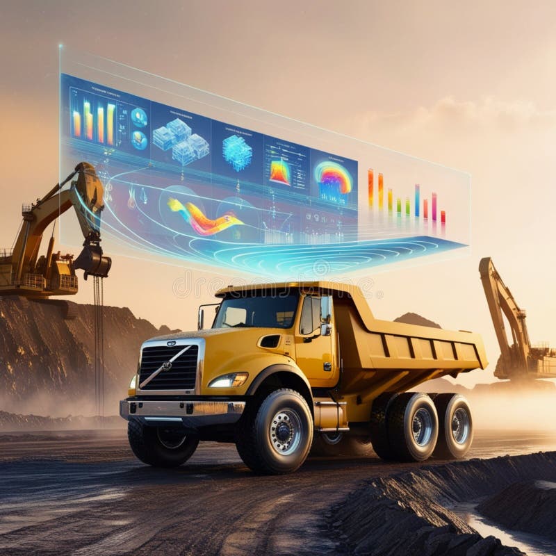 A Dump Truck is Working in a Mine, with a Digital Twin Overlay Showing ...