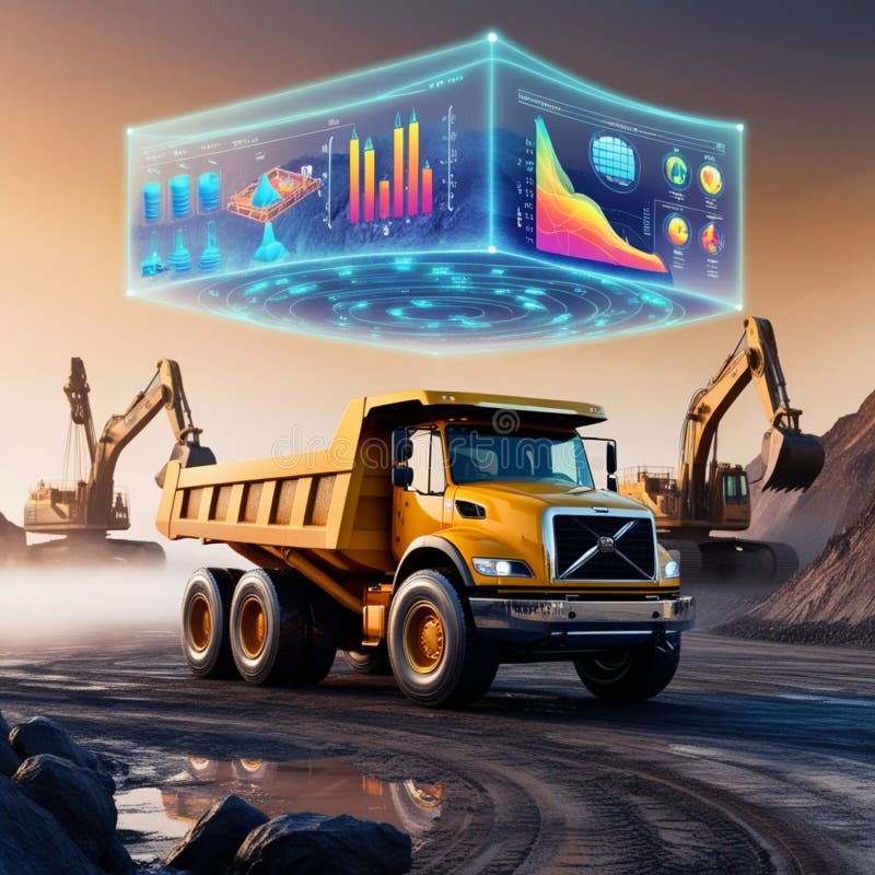 A Dump Truck is Working in a Mine, with a Digital Twin Overlay Showing ...