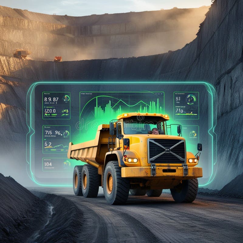 A Dump Truck is Working in a Mine, with a Digital Twin Overlay Showing ...
