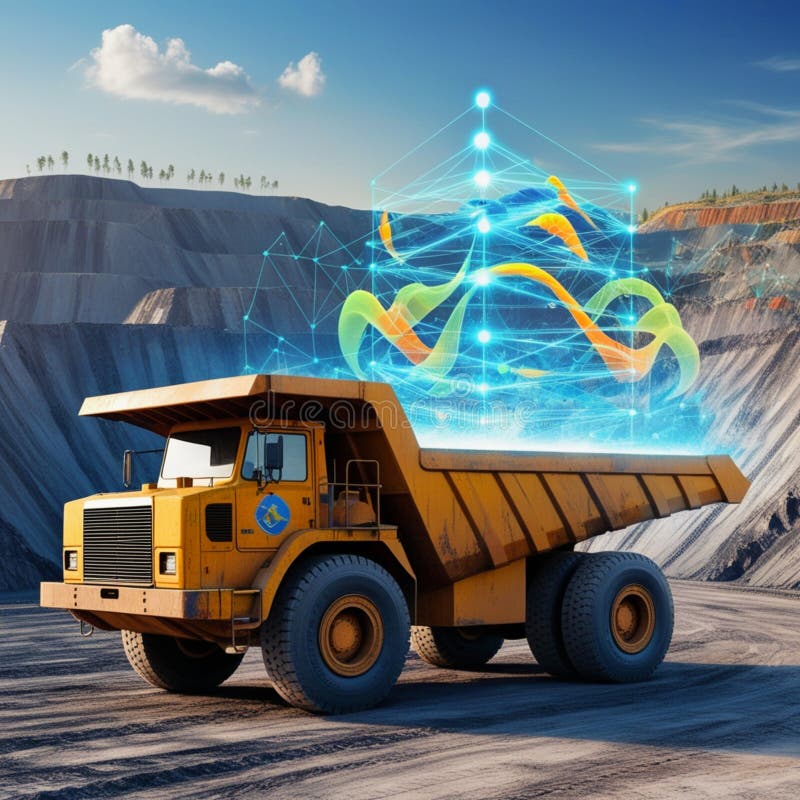 A Dump Truck is Working in a Mine, with a Digital Twin Overlay Showing ...