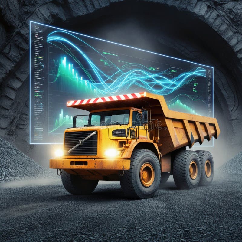 A Dump Truck is Working in a Mine, with a Digital Twin Overlay Showing ...