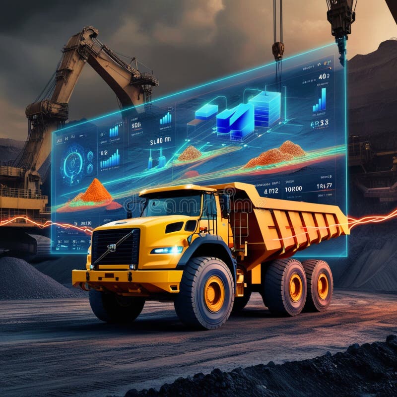 A Dump Truck is Working in a Mine, with a Digital Twin Overlay Showing ...