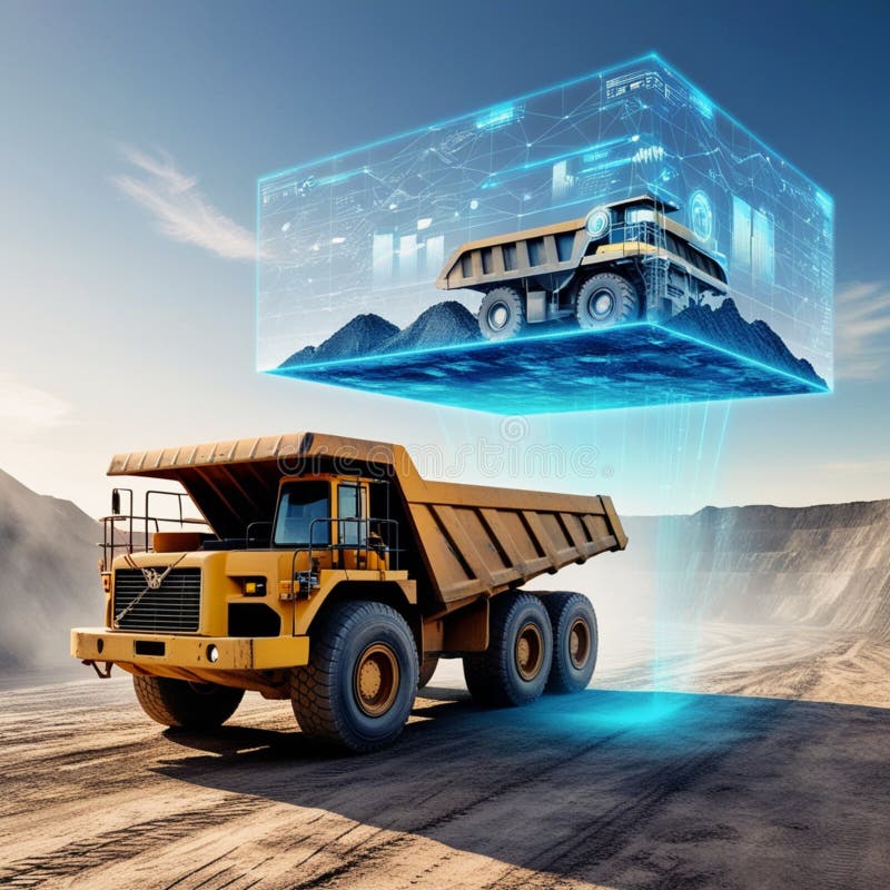 A Dump Truck is Working in a Mine, with a Digital Twin Overlay Showing ...