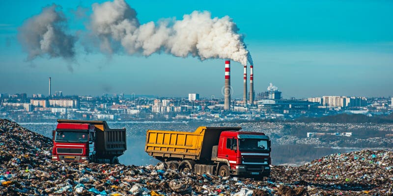 Dump Trucks Unloading Garbage Over Vast Landfill. Environmental ...