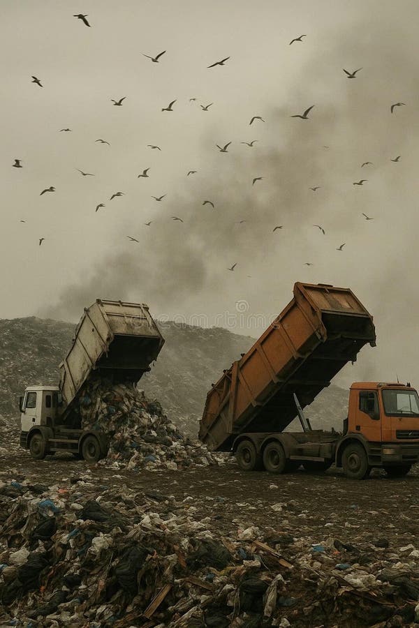 Dump Trucks Unloading Waste Amidst Soaring Birds, Environmental ...