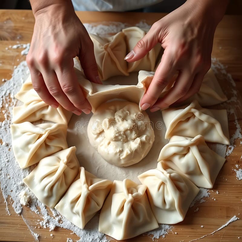 Dumpling Making Process Showing Hands Folding Dumplings with Precision ...