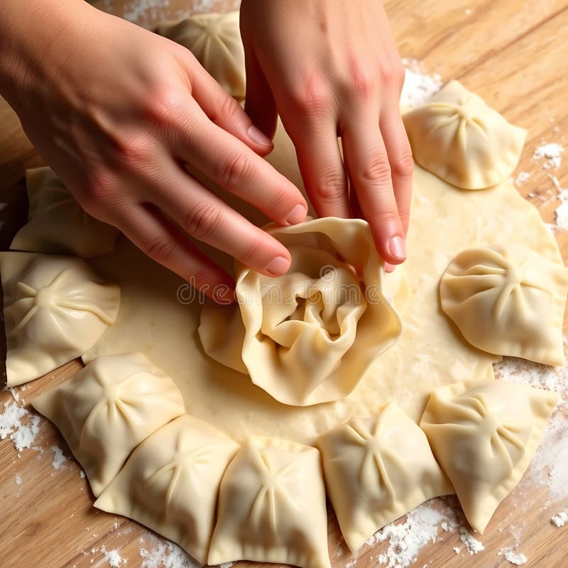 Dumpling Making Process Showing Hands Folding Dumplings with Precision ...