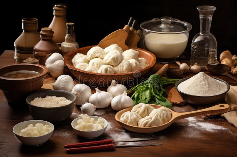 Dumpling-making Tools and Ingredients on a Table Stock Illustration ...
