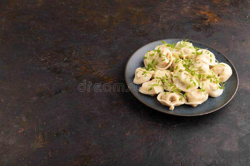 Dumplings with Pepper, Herbs, Microgreen on Black Concrete. Side View ...