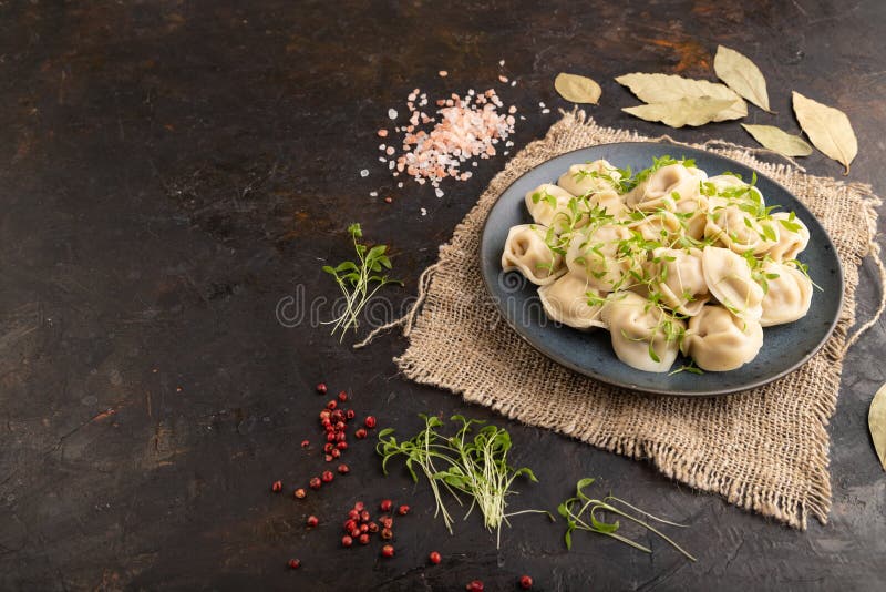 Dumplings with Pepper, Herbs, Microgreen on Black Concrete. Side View ...